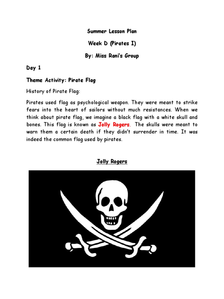 Summer Lesson Plan Week D (Pirates I) By: Miss Rani's Group Day 1 Theme ...