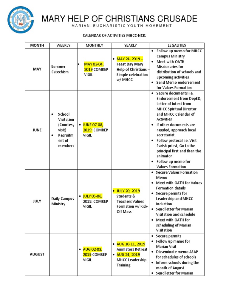 MHCC Calendar of Activities 2019-2020 | PDF | Catholic Liturgy ...