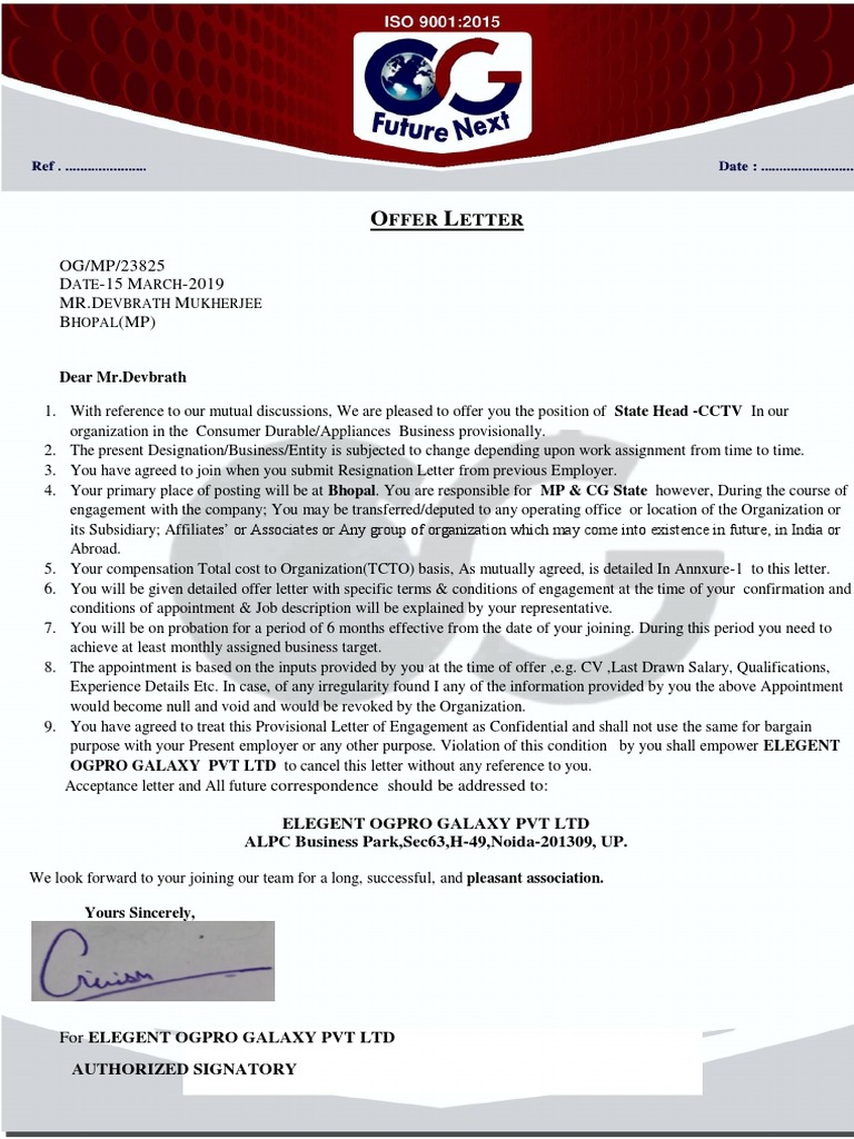 Offer Letter Format PDF | Download Free PDF | Employment | Salary