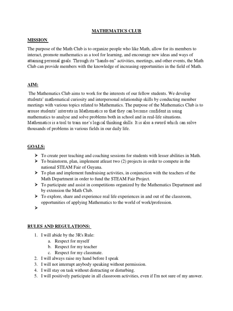 Math Club Mission and Rules | PDF | Critical Thinking | Teachers