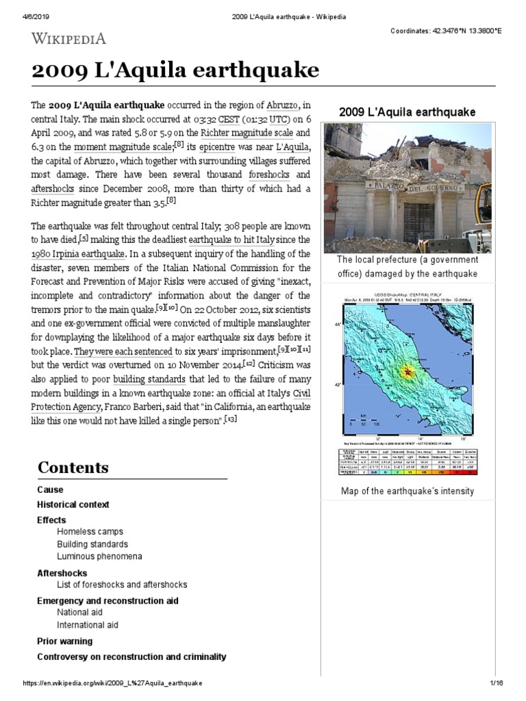 2009 L'Aquila Earthquake - Wikipedia | PDF | Earthquakes | Nature