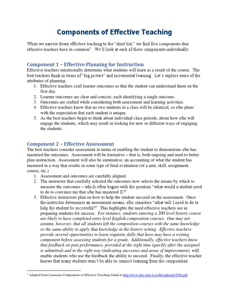 Components of Effective Teaching: Component 1 - Effective Planning For ...