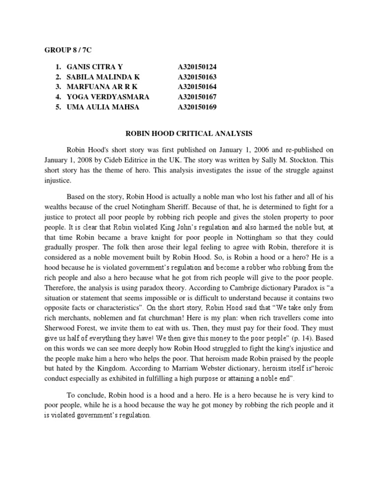 Analysis Short Story Group 8 Class 7C | PDF | Hero | Robin Hood