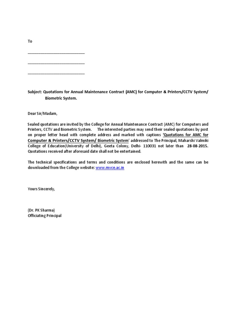 Quotations For Annual Maintenance Contract AMC For Computer Printers ...