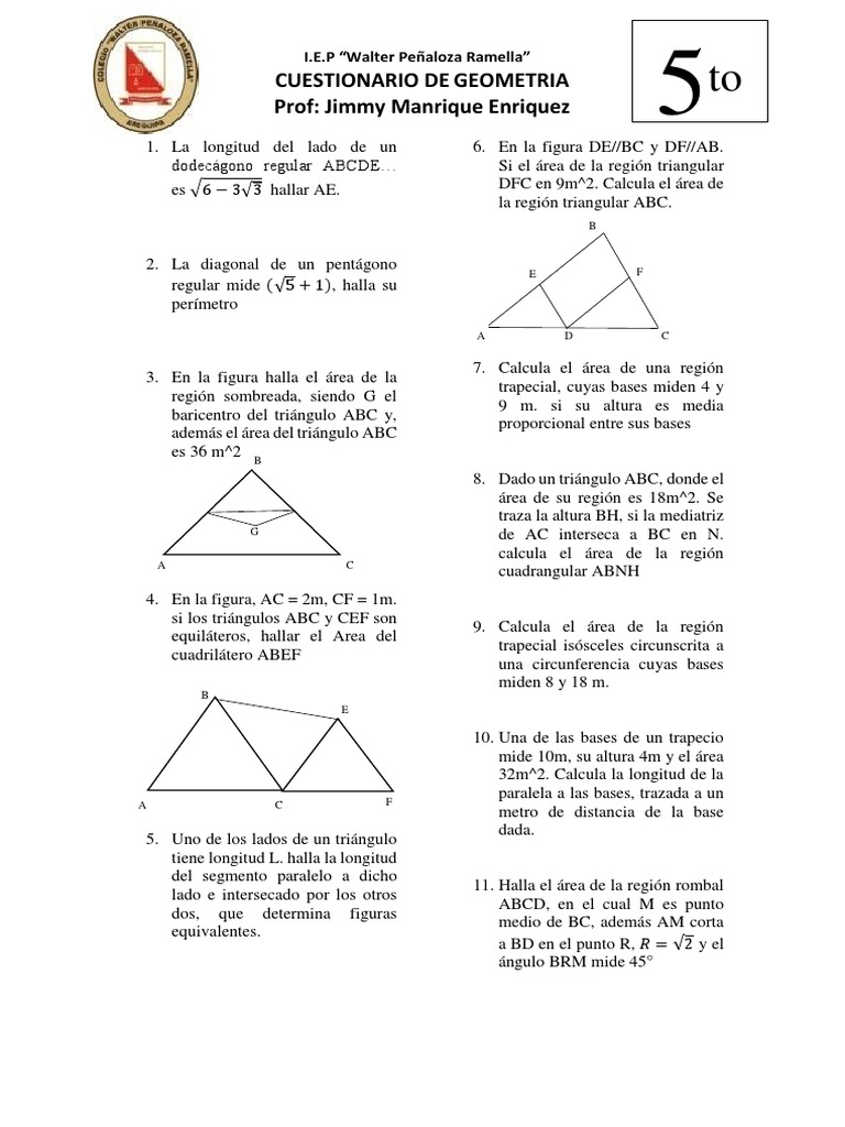 Cuestionario de Geometría para Quinto Grado | PDF | Triángulo | Euclides