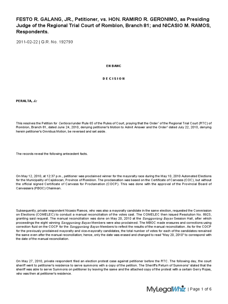 Festo R Galang JR Vs Hon Ramiro R Geronimo As Pres Judge of The RTC of ...