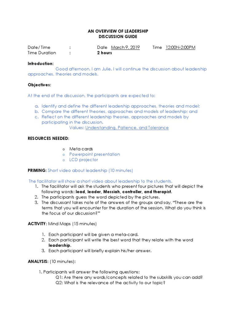 An Overview of Leadership Discussion Guide | PDF | Leadership | Motivation