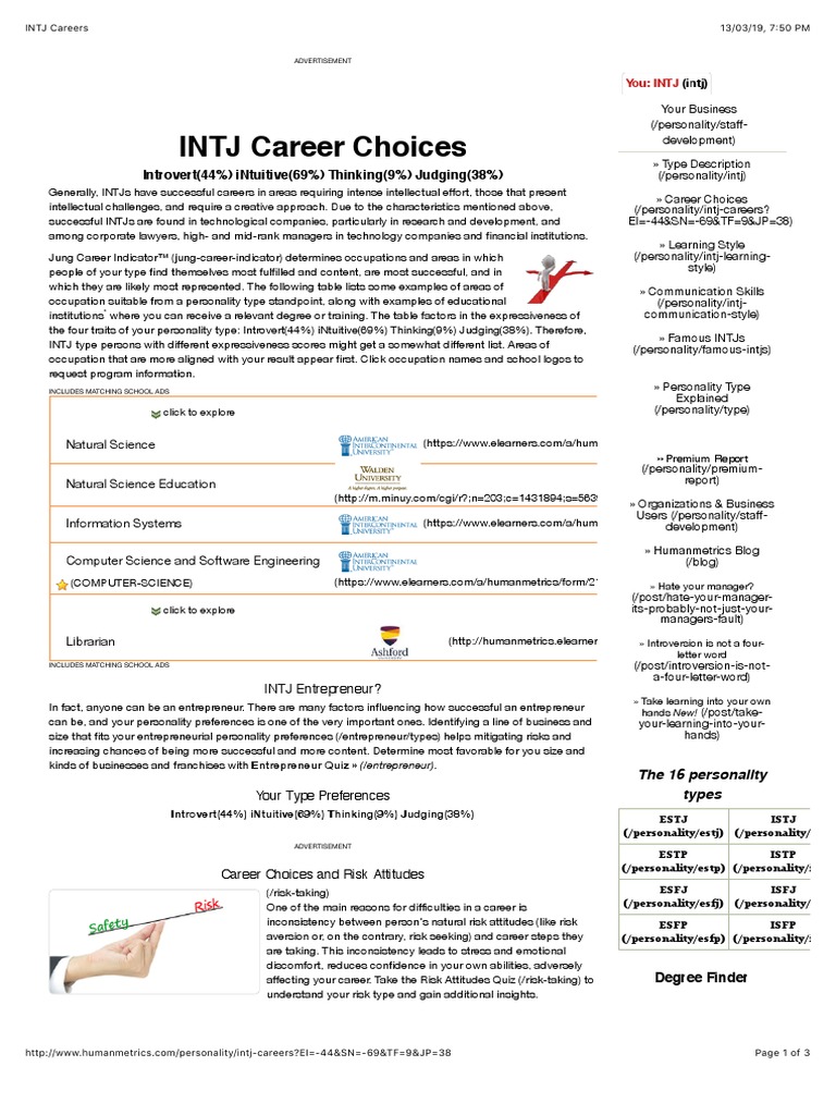 INTJ Careers | PDF | Personality Type | Risk