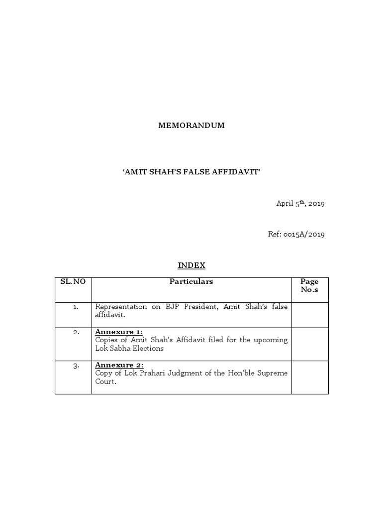 Memorandum Submitted To ECI - Amit Shah Affidavit | Download Free PDF ...