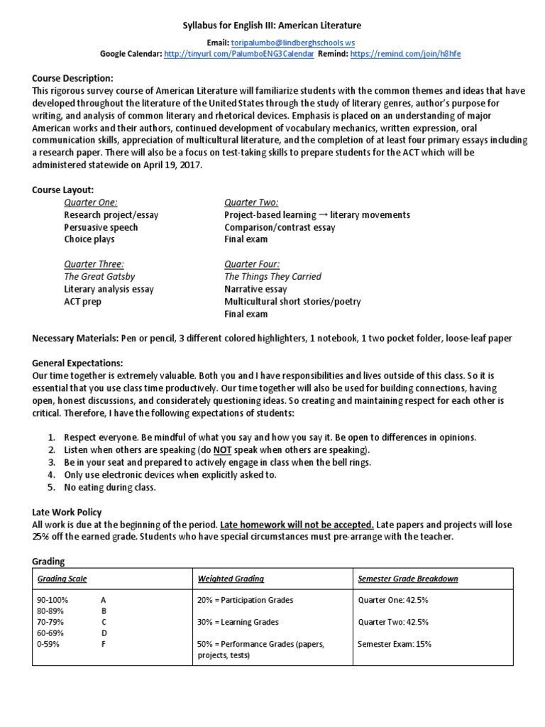 Quarter One: Quarter Two:: Syllabus For English III: American ...