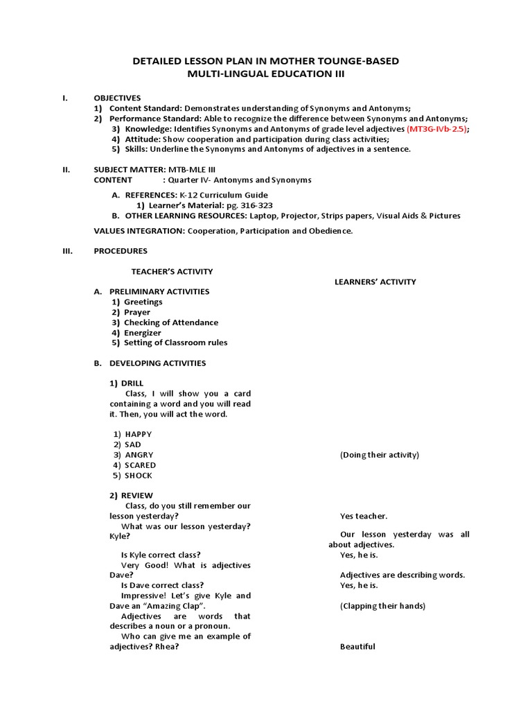 Synonyms and Antonyms Lesson Plan | PDF | Lesson Plan | Linguistic ...