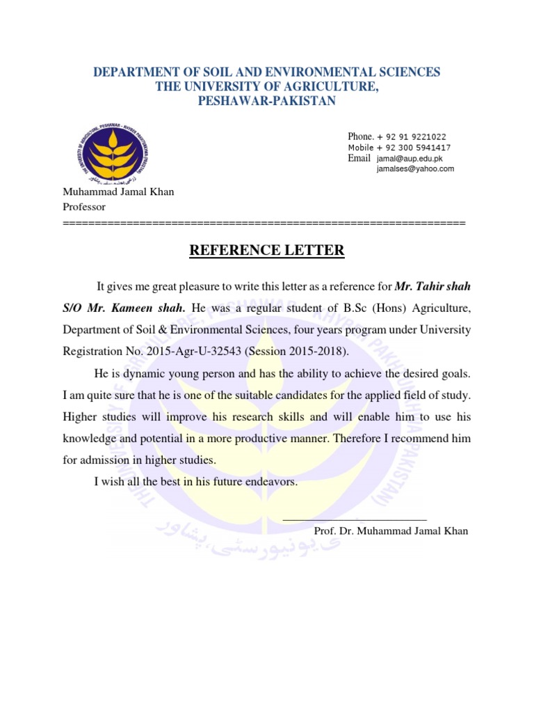 Reference Letter: Department of Soil and Environmental Sciences The ...