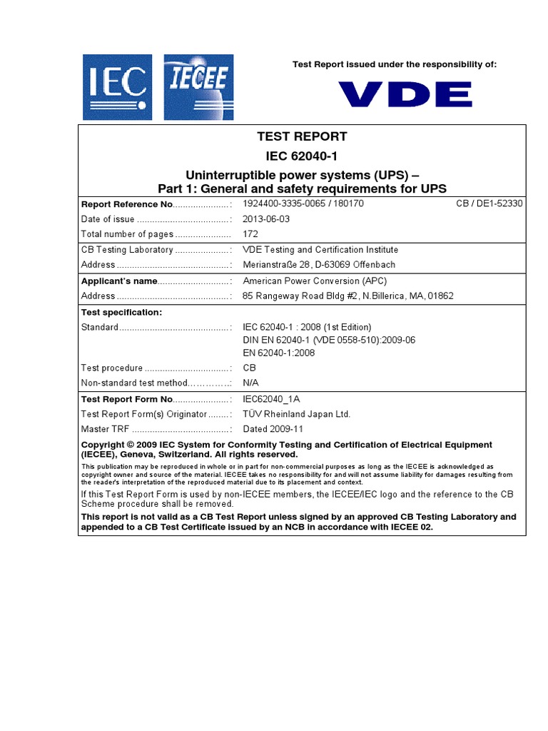 TEST REPORT IEC 62040-1.pdf | Mains Electricity | Electrical Wiring