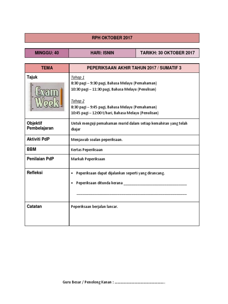 RPH MINGGU PEPERIKSAAN AKHIR TAHUN (30 Okt-2 Nov 2017) | PDF