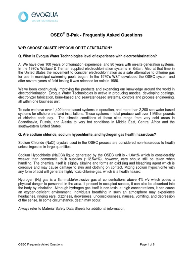 Osec B-Pak - Frequently Asked Questions | PDF | Sodium Chloride | Chlorine