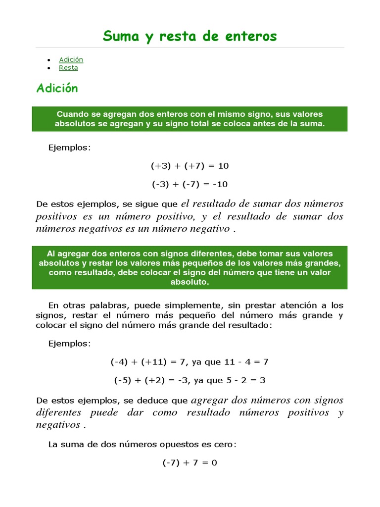 Suma y Resta de Enteros | PDF
