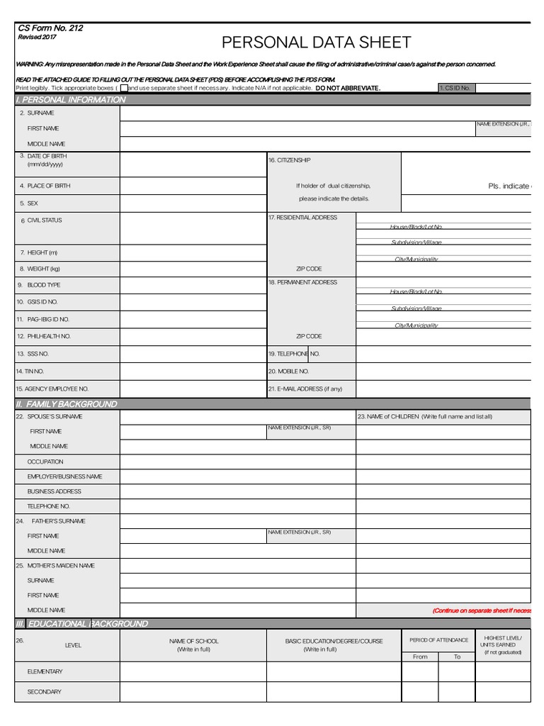 CS Form No. 212 Revised Personal Data Sheet - New | Download Free PDF ...