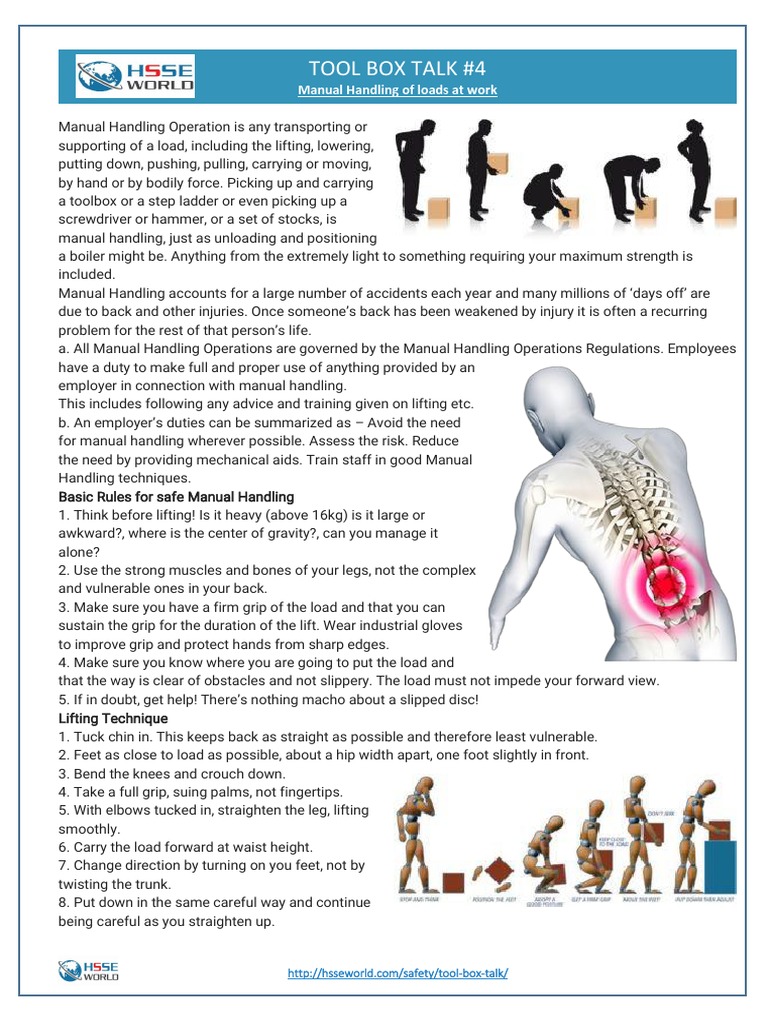 Tool Box Talk #4: Manual Handling of Loads at Work | PDF | Hand | Sports