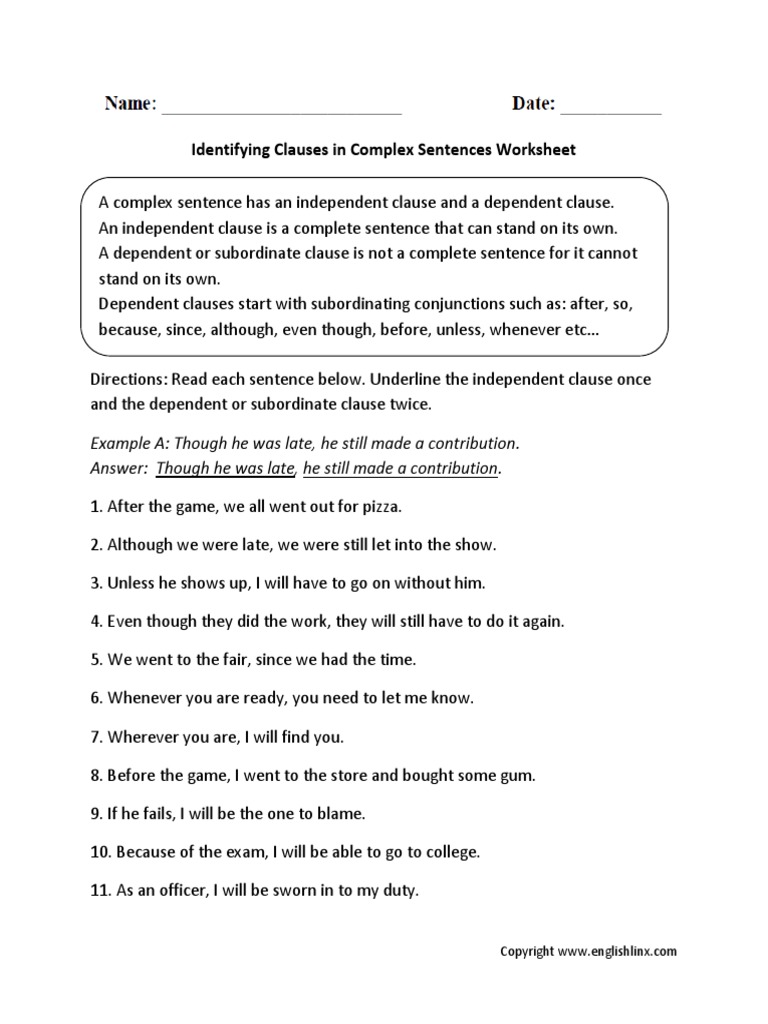 Identifying Clauses in Complex Sentences Worksheet | PDF