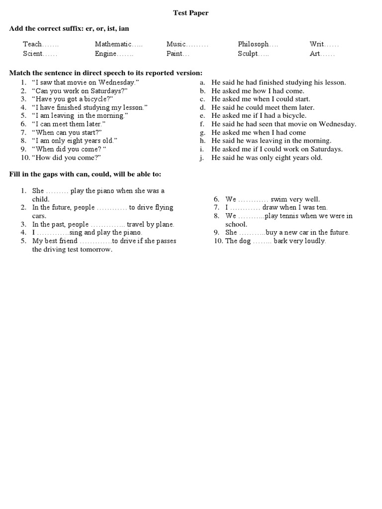 Test Paper Add The Correct Suffix: Er, Or, Ist, Ian | PDF