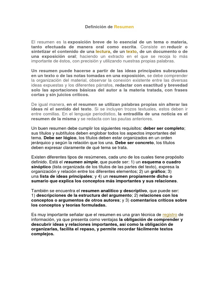 Definición de Resumen y Comprencion Lectora | PDF | Comprensión lectora ...