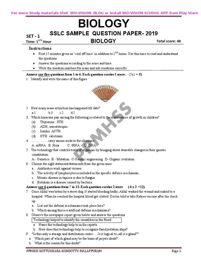 Bio-Vision - SSLC Biology em Sample QN 2019 | PDF | Evolution | Prokaryote