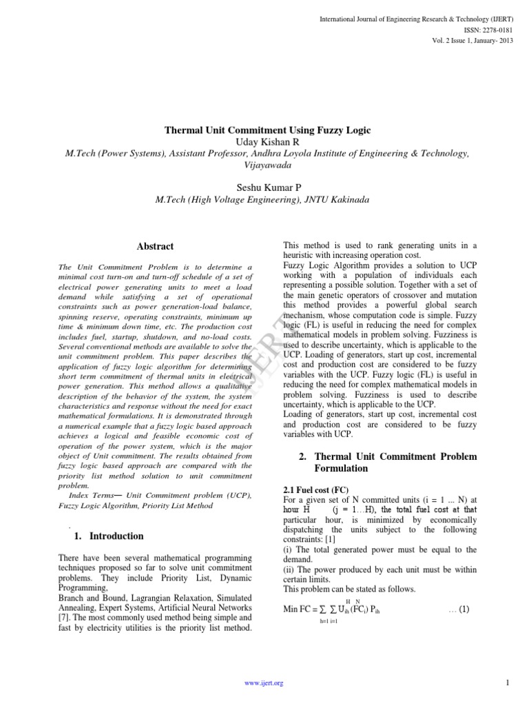 Thermal Unit Commitment Using Fuzzy Logic IJERTV2IS1406 | PDF | Fuzzy Logic | Mathematical ...