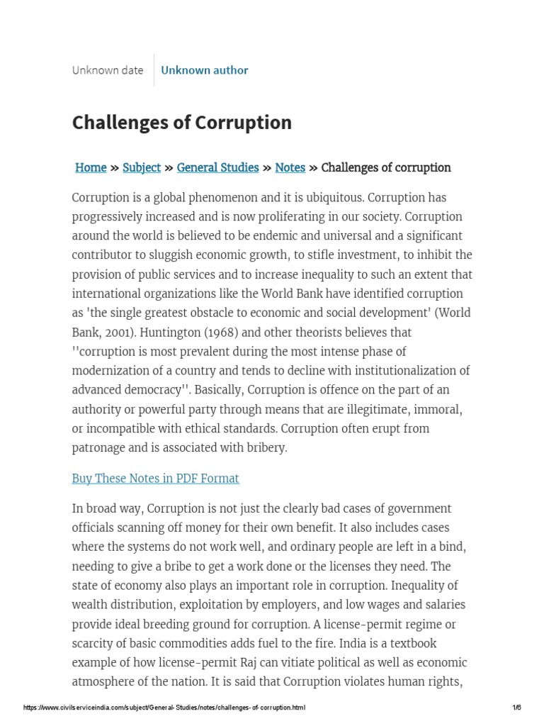 Challenges of Corruption, Challenge of Fighting Corruption | PDF ...