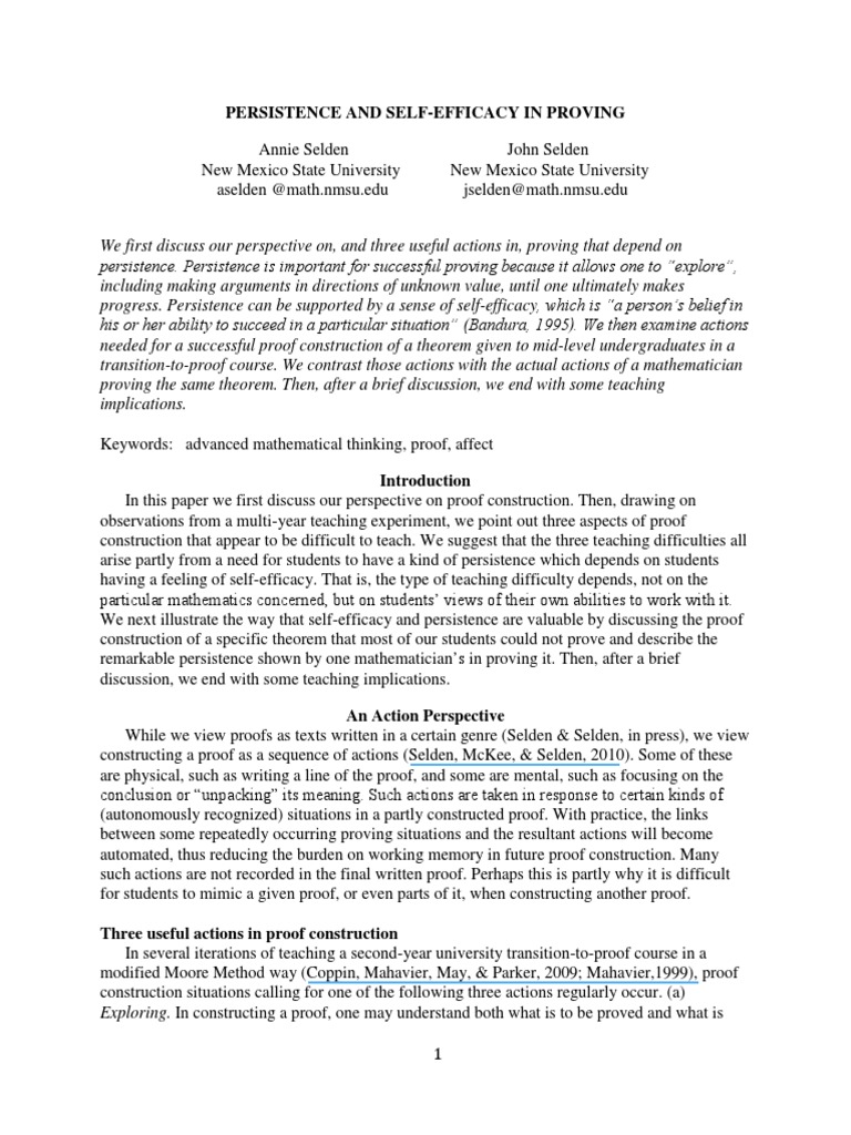 Persistence and Self-Efficacy in Proving PDF | PDF | Mathematical Proof ...