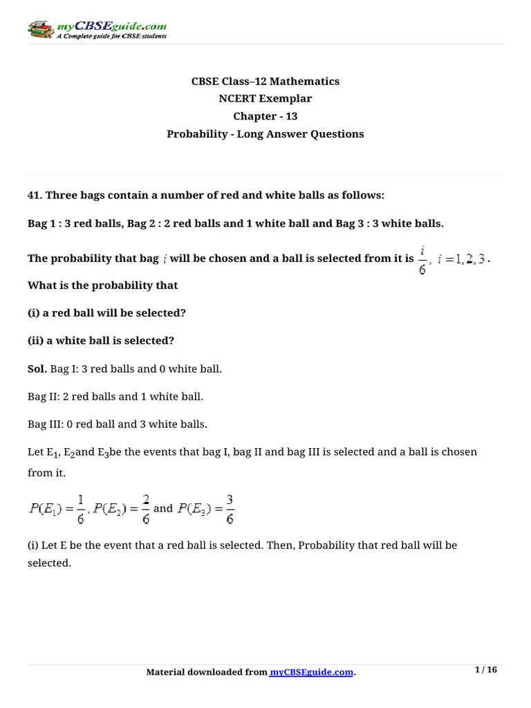 12 Maths Exemplar ch13 Long PDF | PDF | Probability Distribution | Random Variable