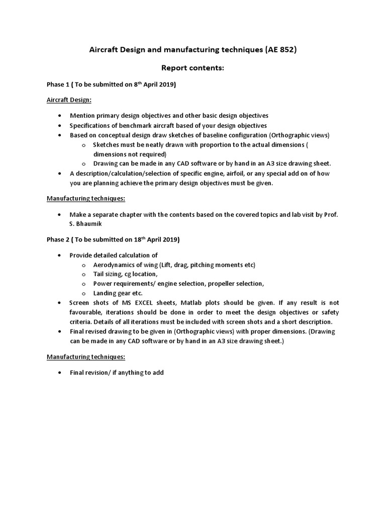 Aircraft Design and Manufacturing Techniques (AE 852) Report Contents | PDF
