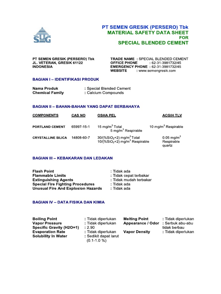 MSDS Semen Bhs | PDF