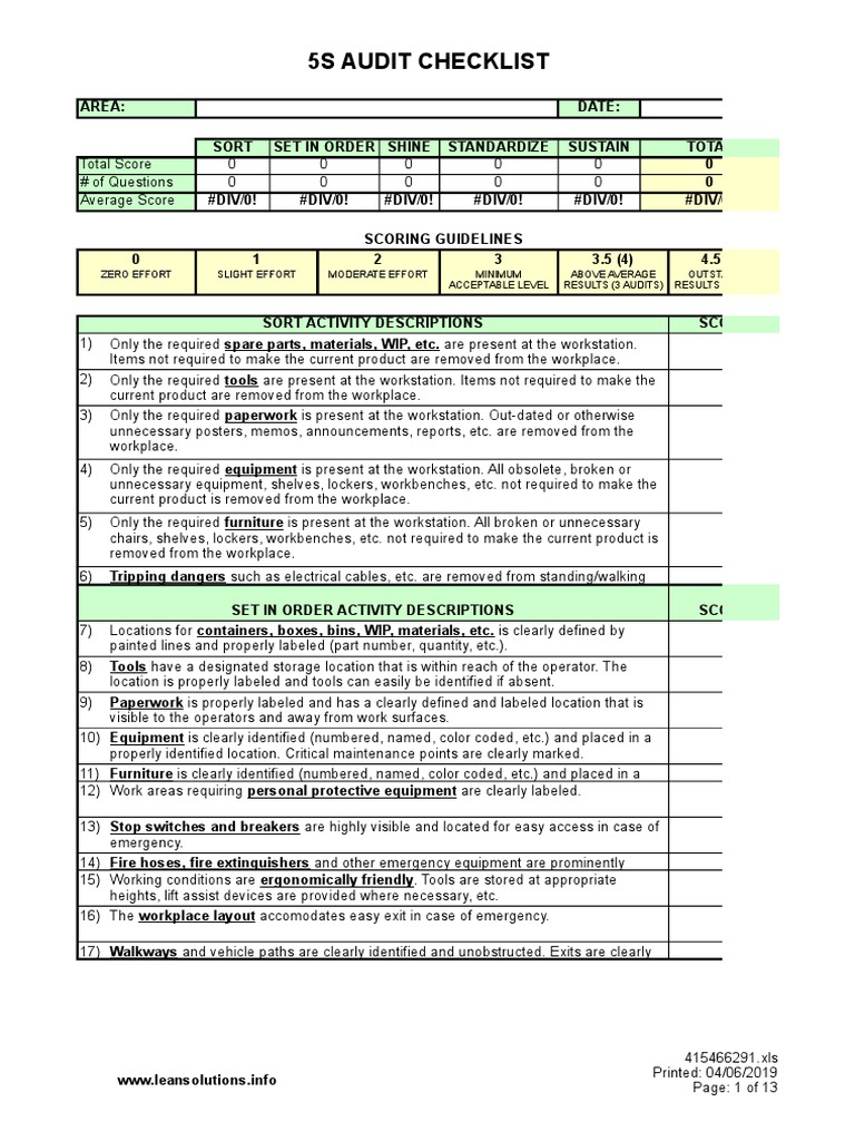 5S Audit Checklist | PDF | Audit | Cabinetry