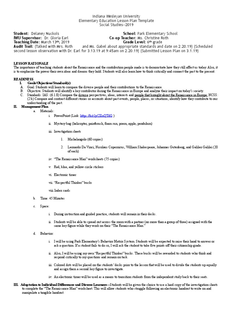 Social Studies Lesson 1 | PDF | Lesson Plan | Renaissance