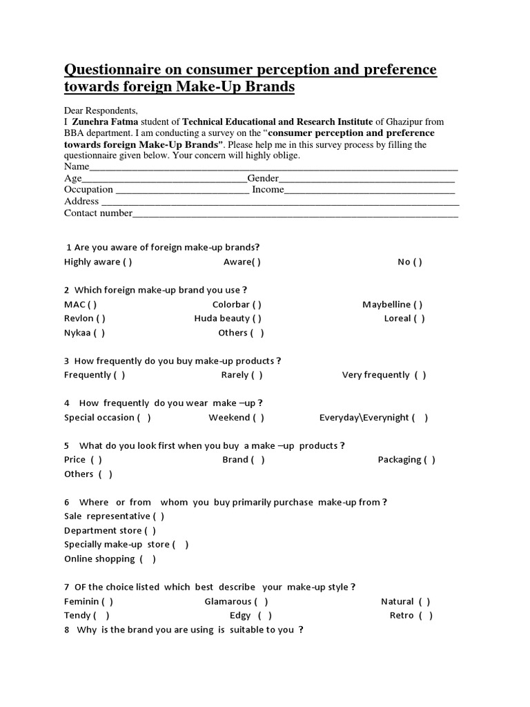 Survey Questioner | PDF | Cosmetics | Brand