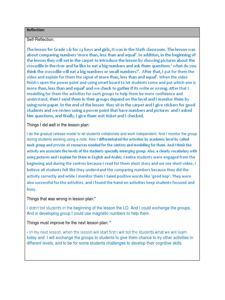 Reflection Comparing Numbers | PDF | Lesson Plan | Change