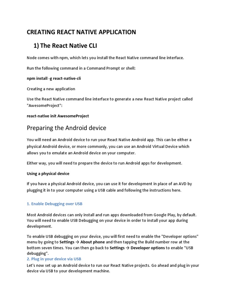 Creating React Native Application 1) The React Native CLI: Preparing The Android Device | PDF ...