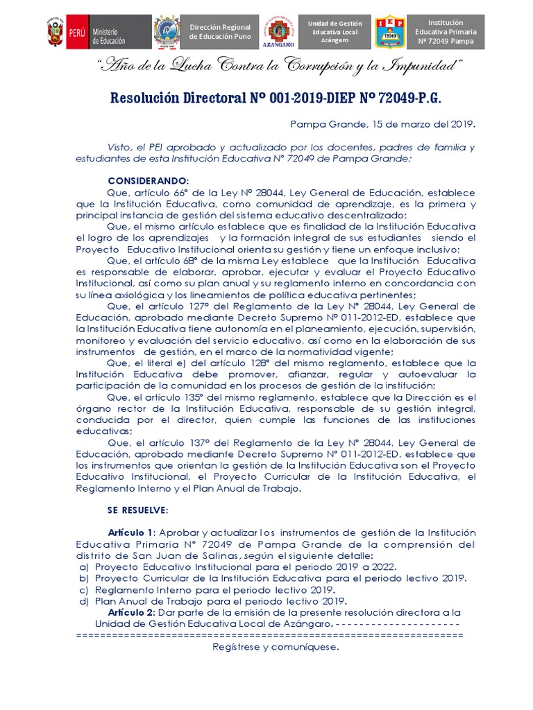 MODELOS DE RESOLUCIONES 2019.pdf | Institución | Educación primaria