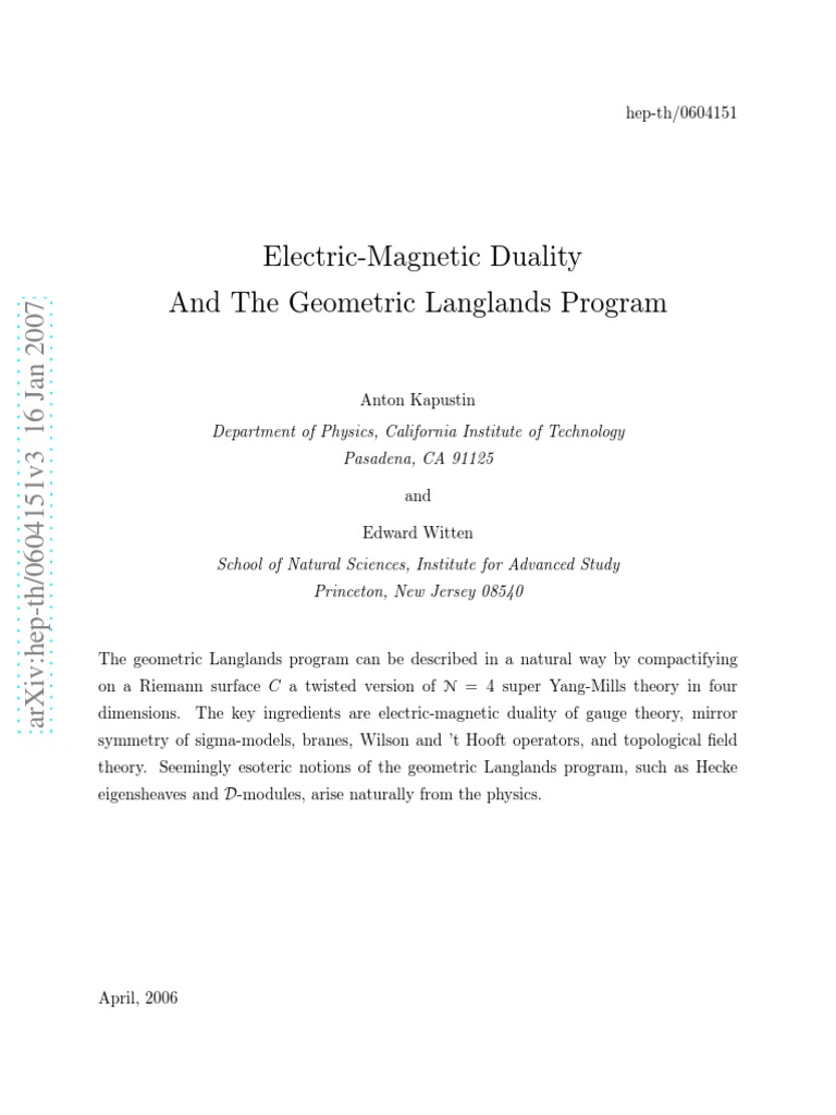 Electric-Magnetic Duality and The Geometric Langlands Program | PDF ...