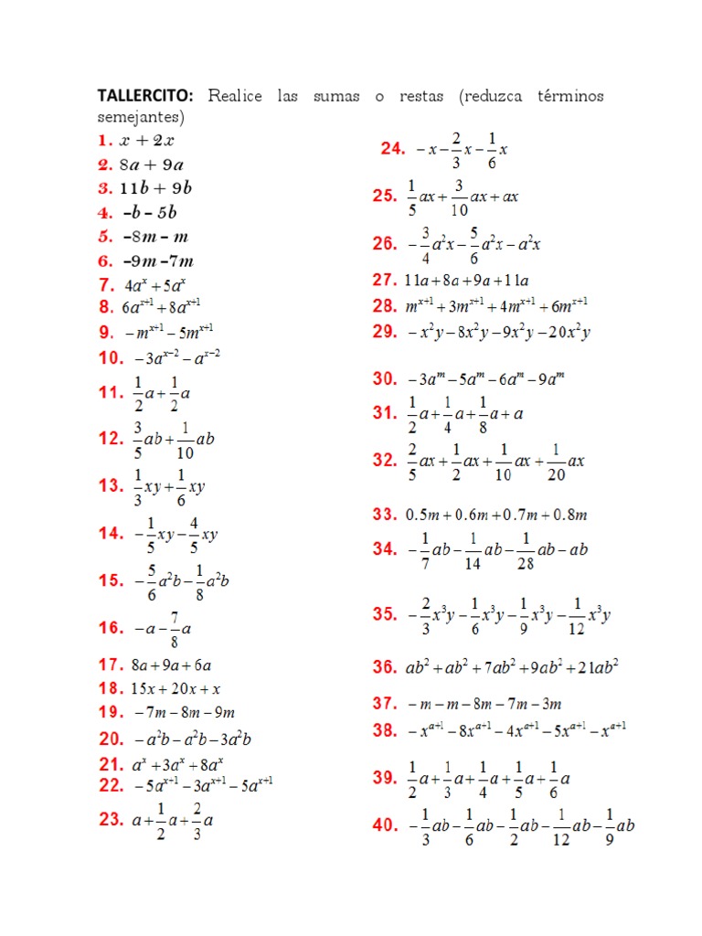 TALLERCITO Suma Algebra | PDF