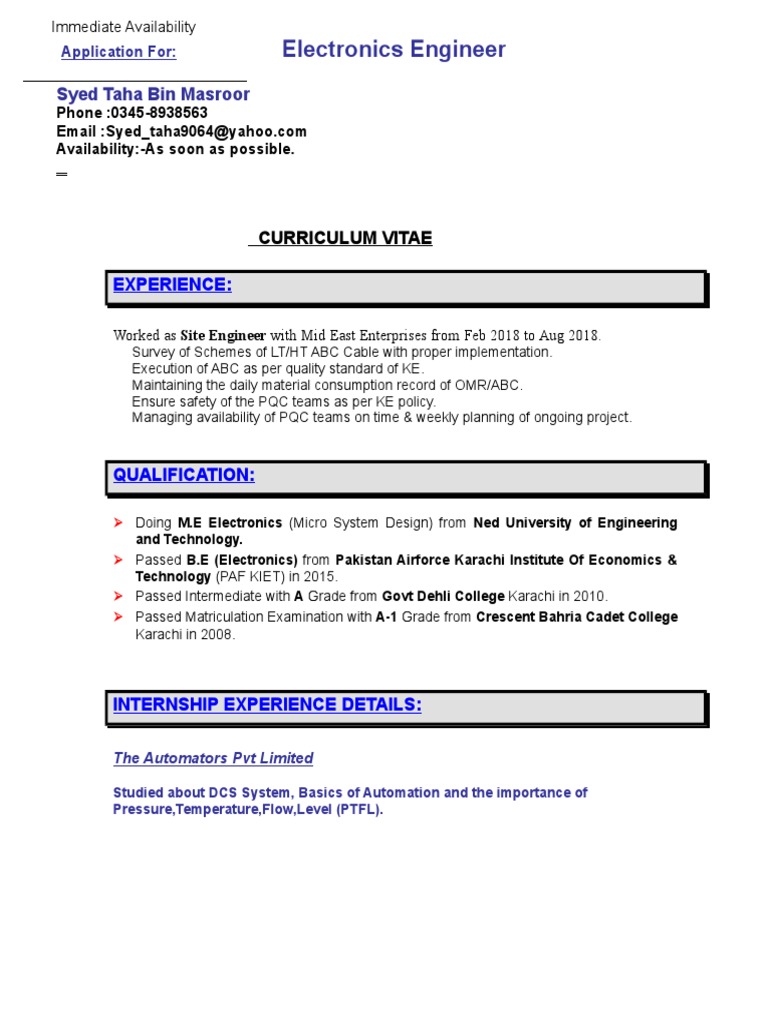 Syed Taha CV | PDF | Automation | Programmable Logic Controller