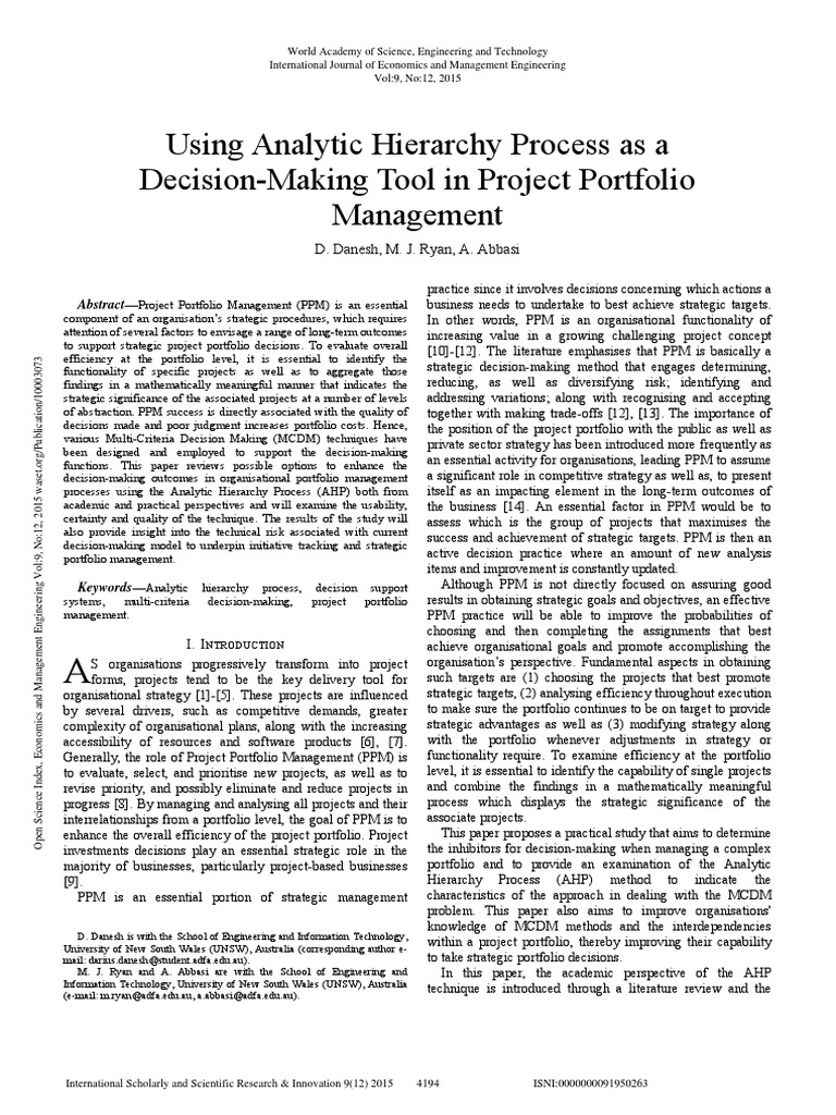 Using Analytic Hierarchy Process As A Decision Making Tool in Project Portfolio Management PDF ...