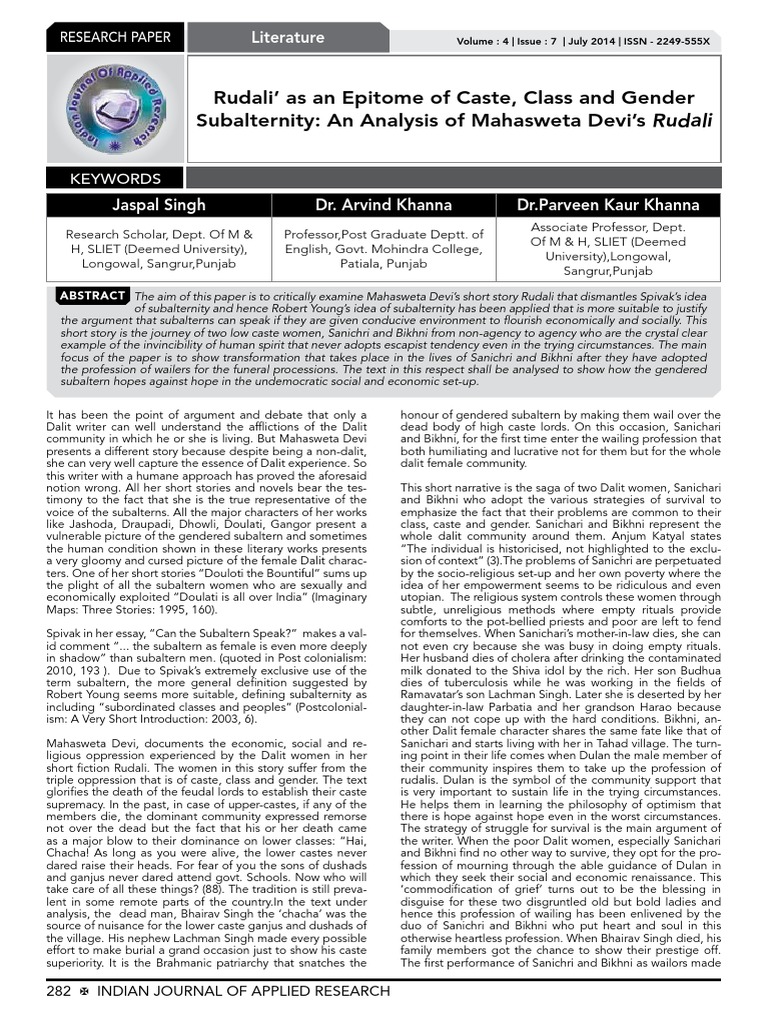 Rudali' As An Epitome of Caste, Class and Gender Subalternity: An ...