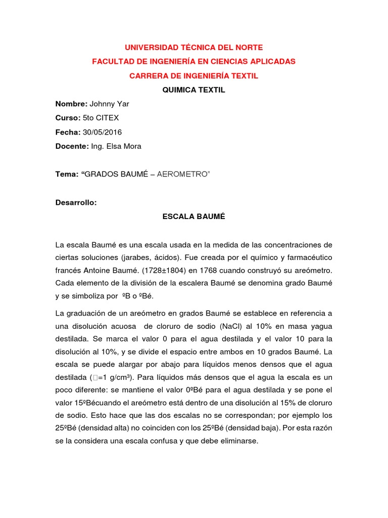 Grados Baumé y Aerómetros en Química | PDF | Concentración | Densidad