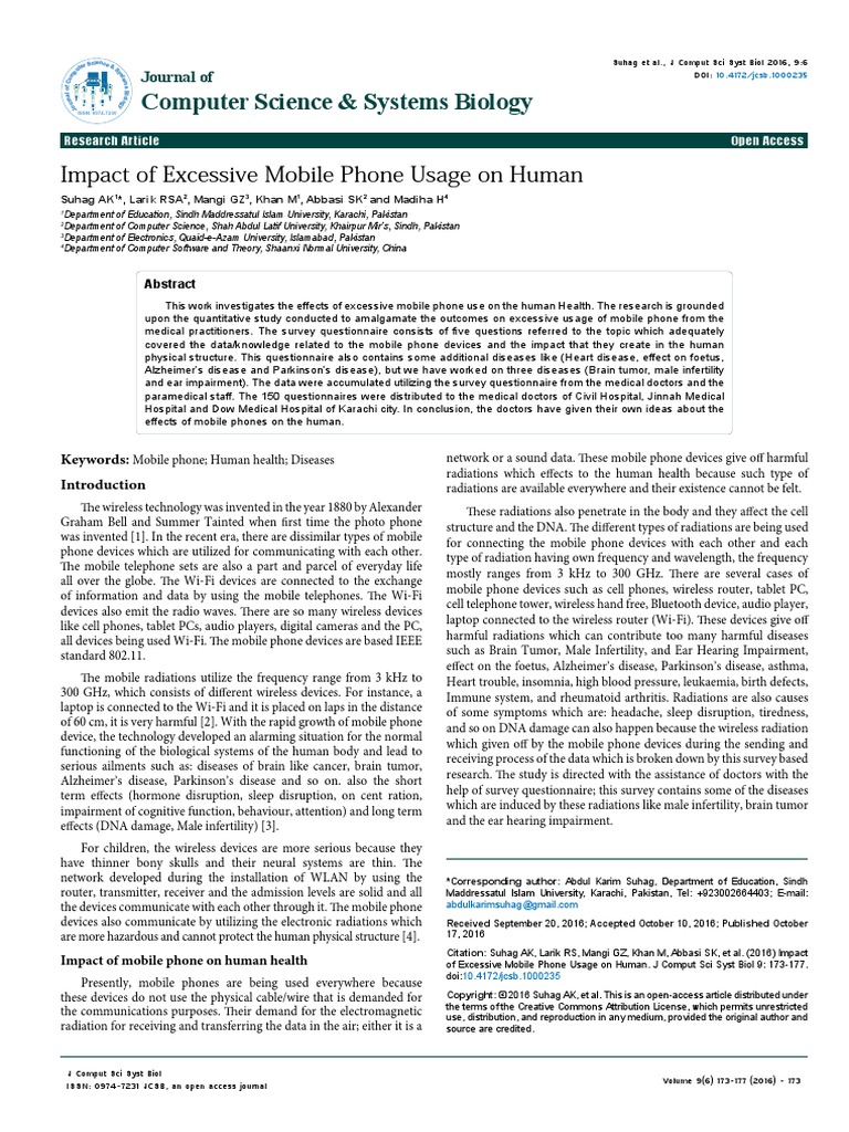 Impact of Excessive Mobile Phone Usage On Human JCSB 1000235 | PDF ...