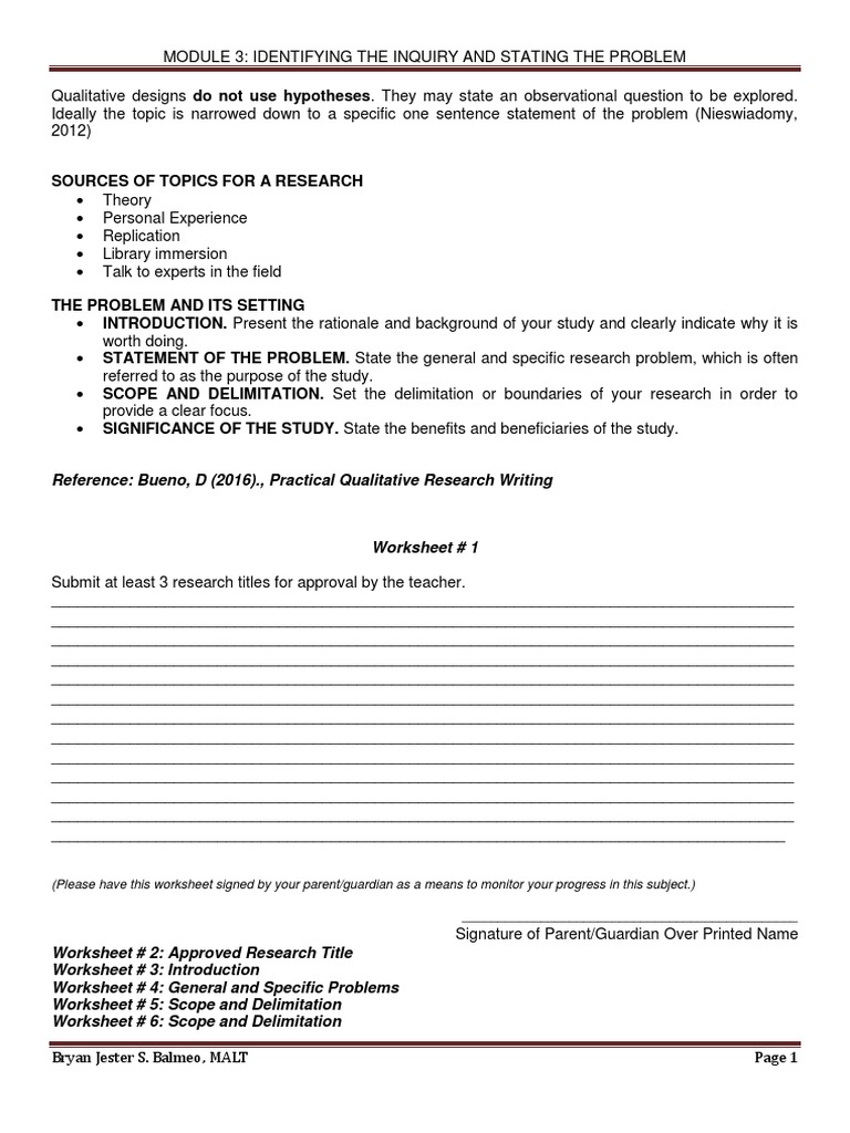 Module 3 Identifying The Inquiry and Stating The Problem | PDF | Research Methods | Scientific ...
