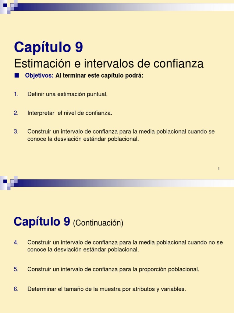 Capitulo 9 Estimacion e Intervalos de Co | PDF | Intervalo de confianza | Teoría de la estimación