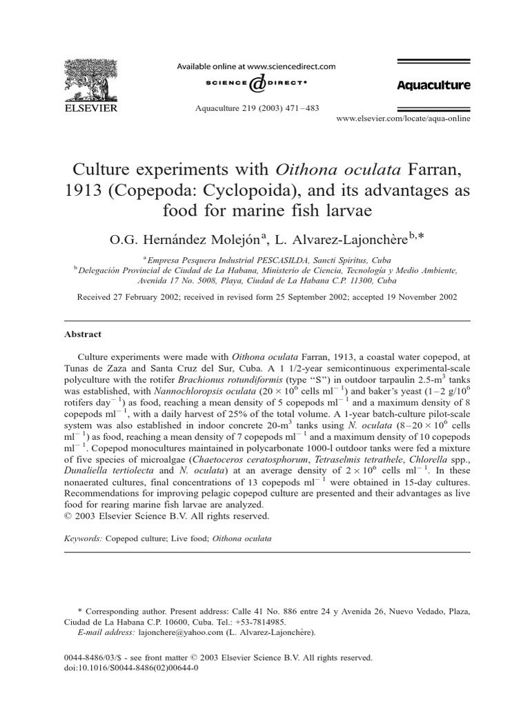 Culture Experiments With Oithona Oculata and Its Adventages As Food For ...