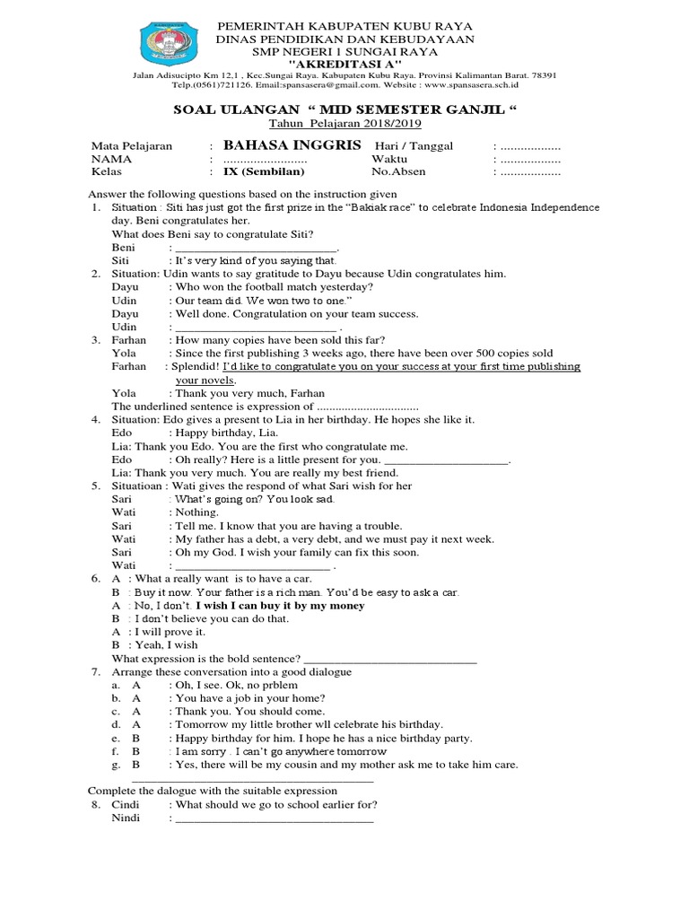 Soal Ulangan " Mid Semester Ganjil ": "Akreditasi A" | PDF