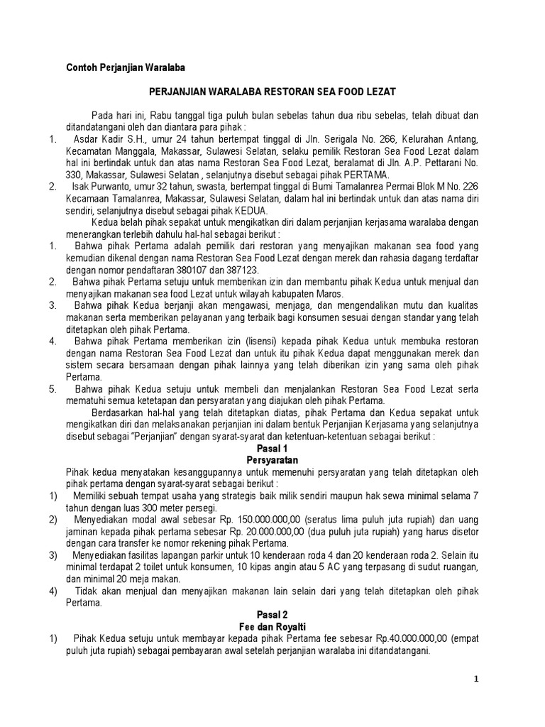 Contoh Surat Perjanjian Waralaba Restoran Sea Food Lezat | PDF